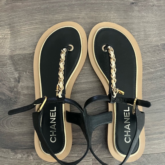 CHANEL | Shoes | Authentic Chanel Black And Gold Chain Sandals | Poshmark